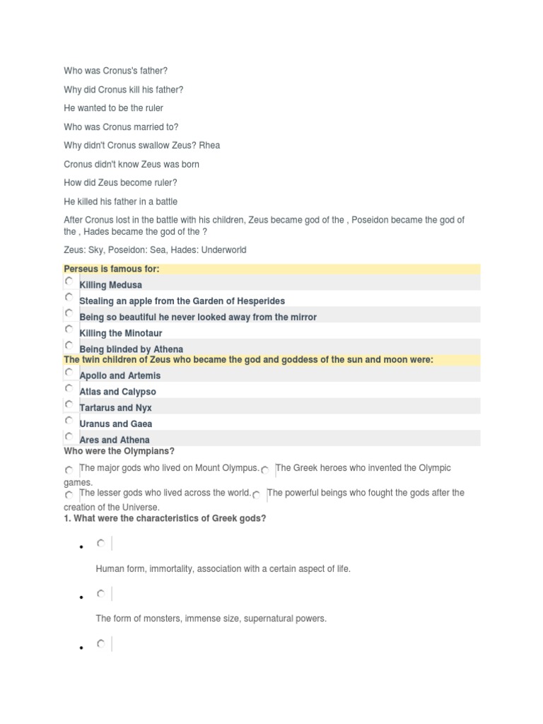 Quiz Mythology | PDF | Zeus | Twelve Olympians