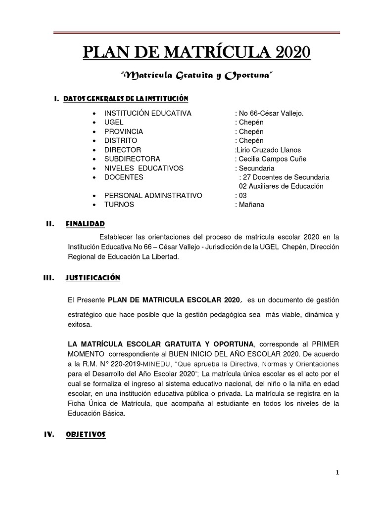Plan de Matrícula Secundaria 2020 | PDF | Educación Secundaria ...