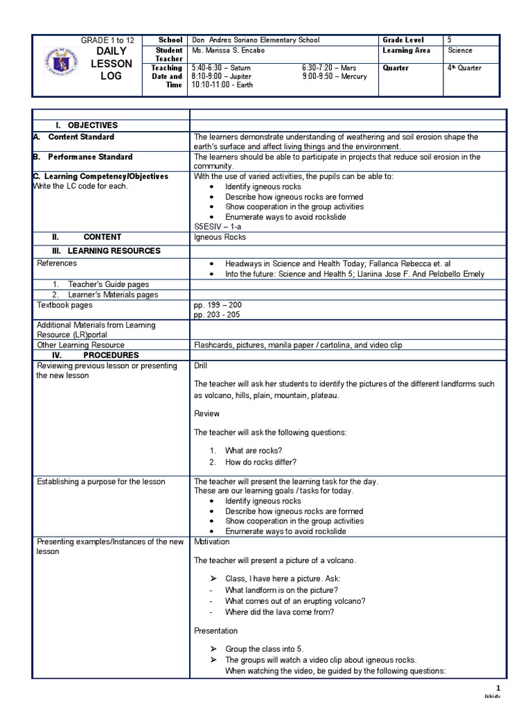 Igneous Rocks Lesson Plan for Grade 5 | PDF | Rock (Geology) | Igneous Rock