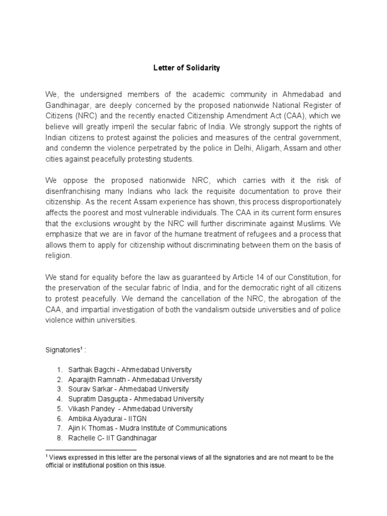 Letter of Solidarity | Download Free PDF | Citizenship | Immigration Law