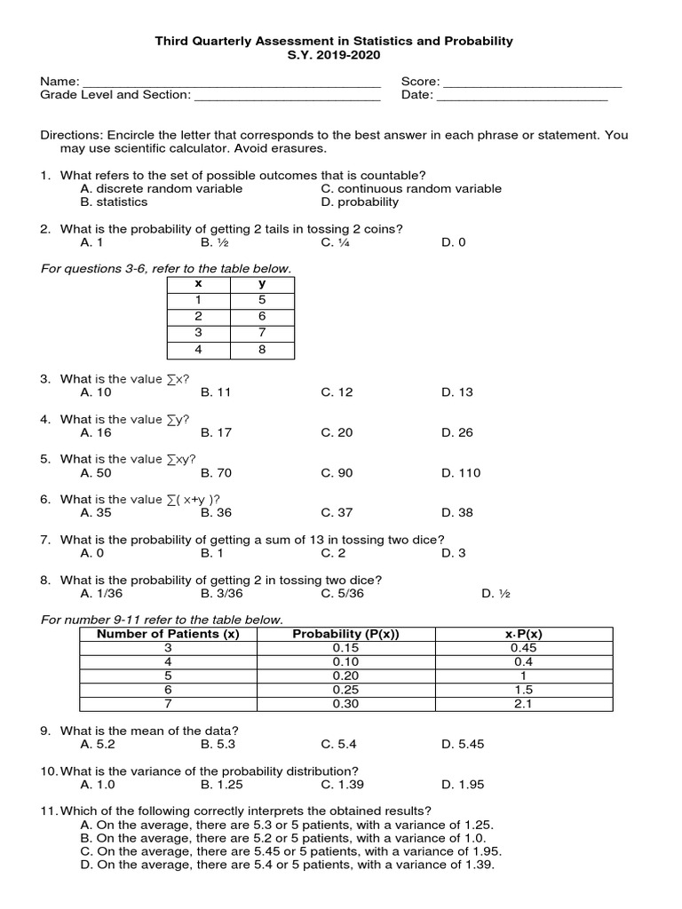 3rdq Exam Statisticsprobability 11 | PDF | Normal Distribution | Mean