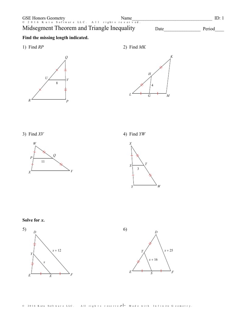Midsegment Theorem and Triangle Inequality Worksheet and Answers 1 ...