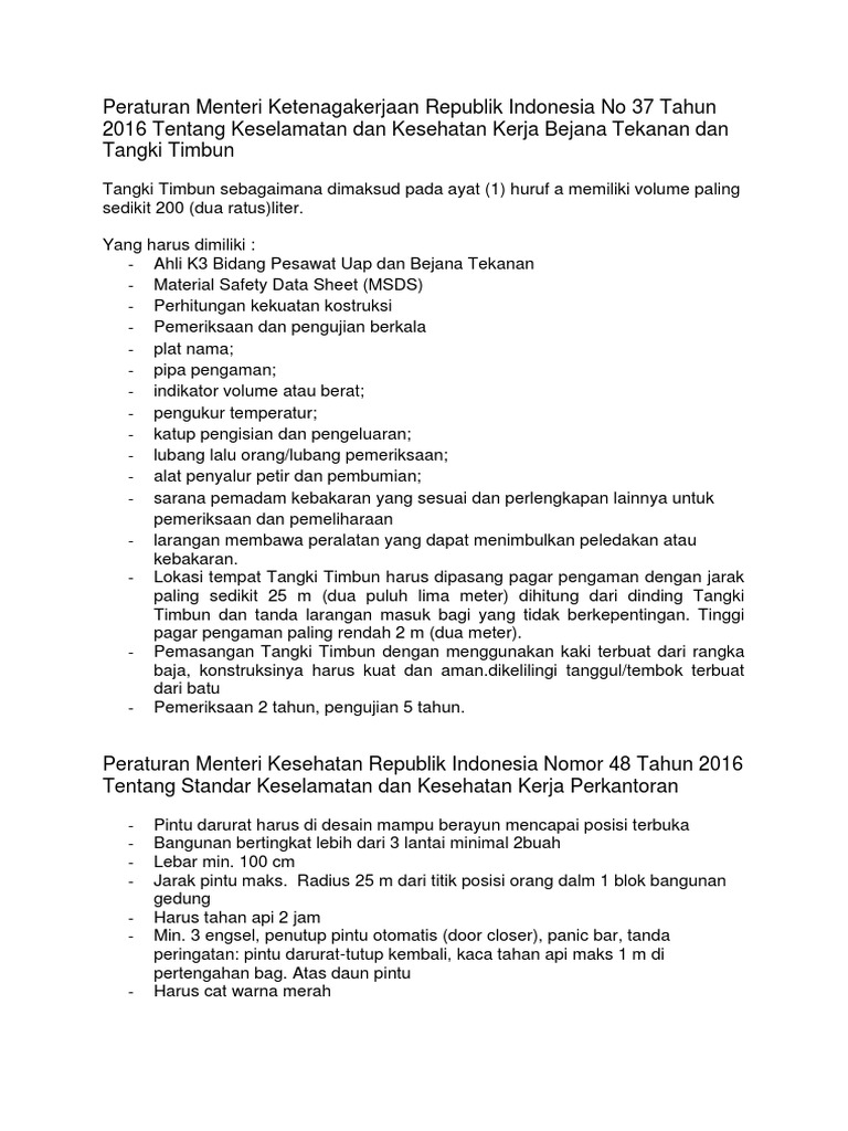 Summary Permenaker 37 TAHUN 2016 | PDF