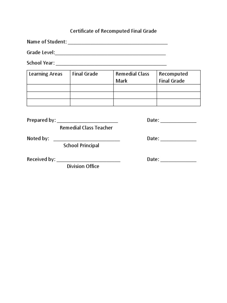 Certificate of Recomputed Final Grade | PDF