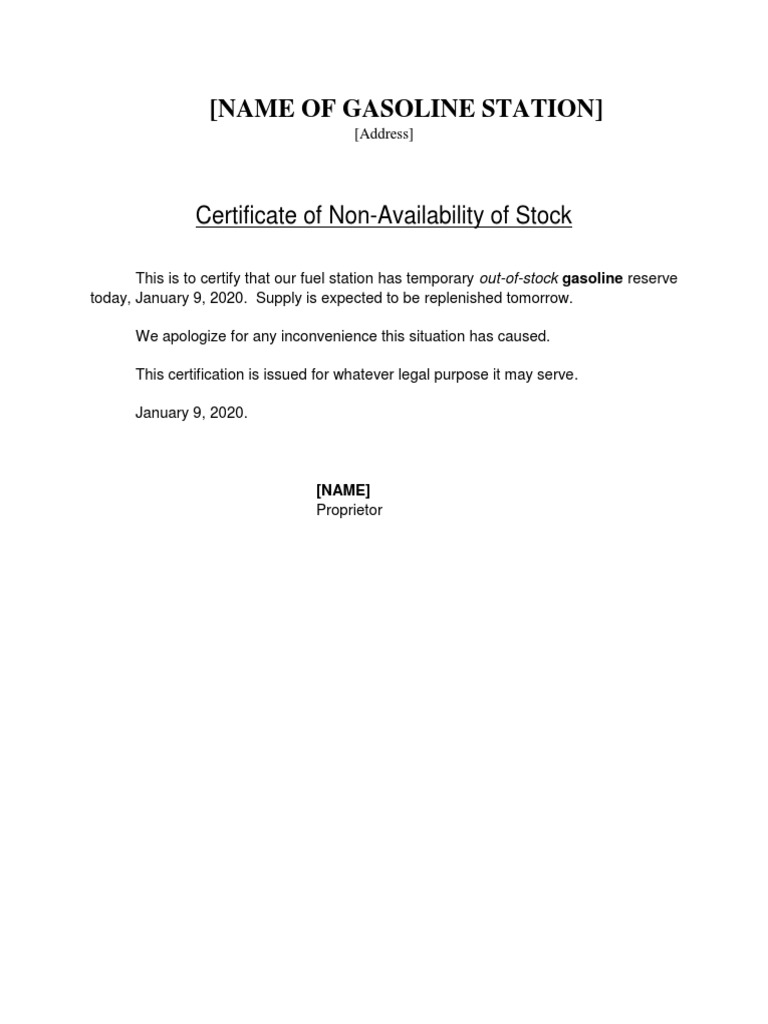 Certificate of Unavailability of Stock | PDF