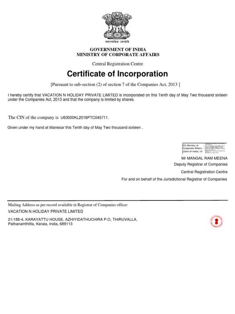 Certificate of Incorporation | PDF | Government Information | Government