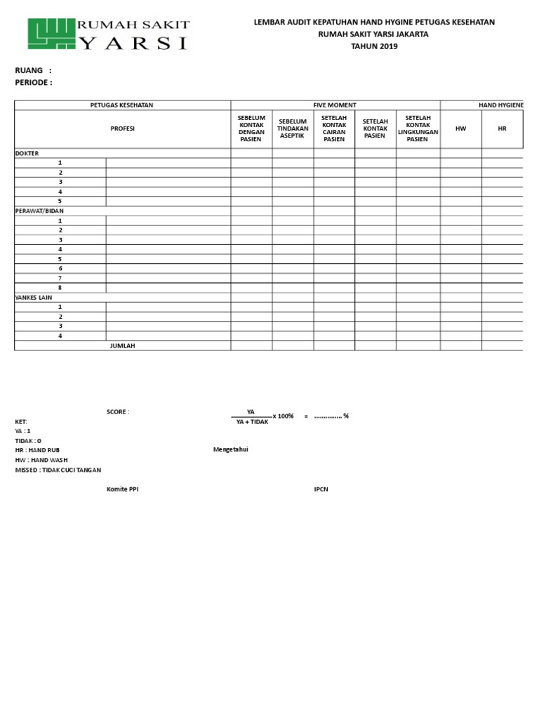 Form Audit Kepatuhan Dan Monitoring Ppi 2019 | PDF