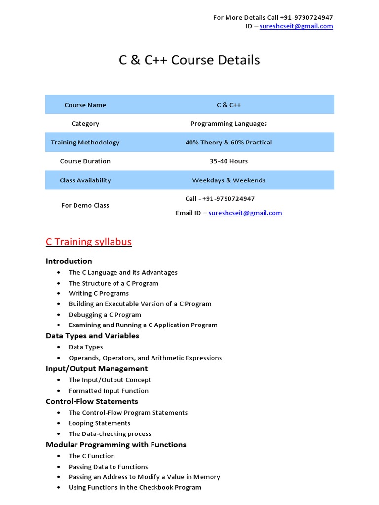 Comprehensive C and C++ Training Course Details: Call +91-9790724947 for Demo Class | PDF | C ...