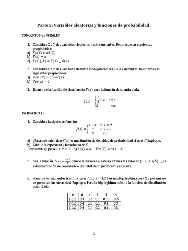 Parte 2 Variables Aleatorias Discretas PDF | PDF | Variable aleatoria | Función de densidad de ...