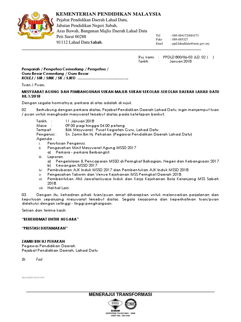 Surat Jemputan Mesyuarat Agung MSSDLD Bil1 - 2018 | PDF