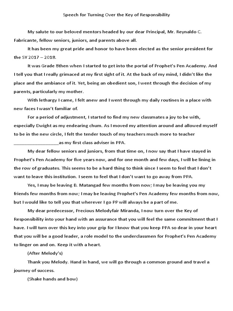 Speech For Turning Over The Key of Responsibility | PDF
