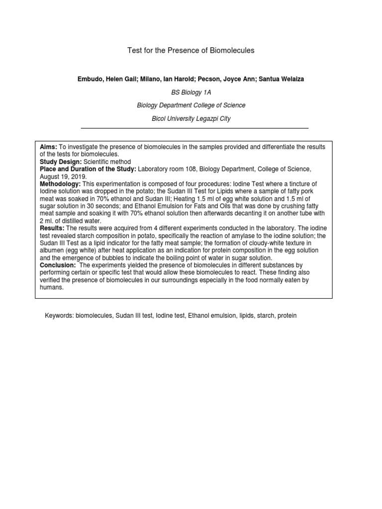 Test For The Presence of Biomolecules | PDF | Biomolecules | Iodine