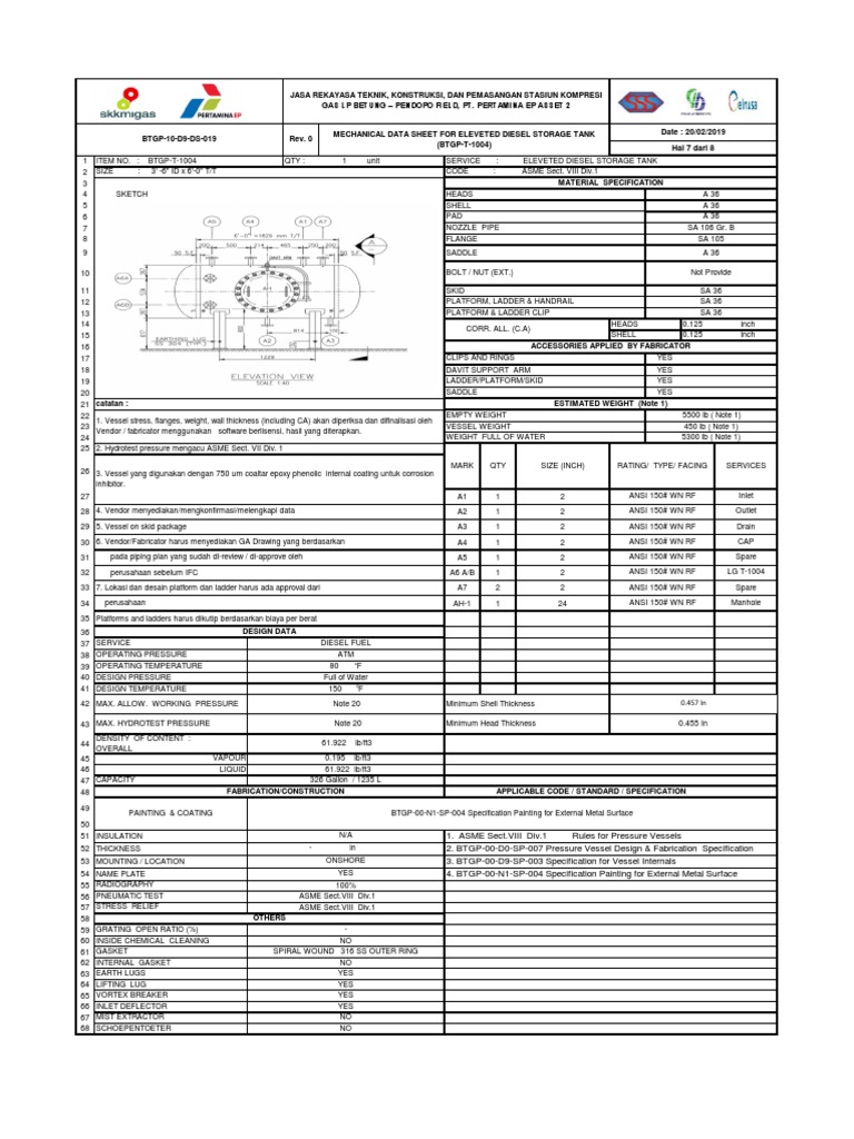 Data Sheet Eleveted Diesel Storage Tank | PDF | Mechanical Engineering ...