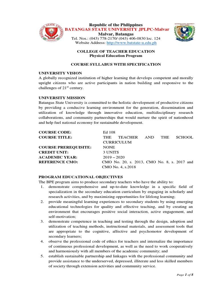 Batangas State University Course Syllabus for The Teacher and the ...
