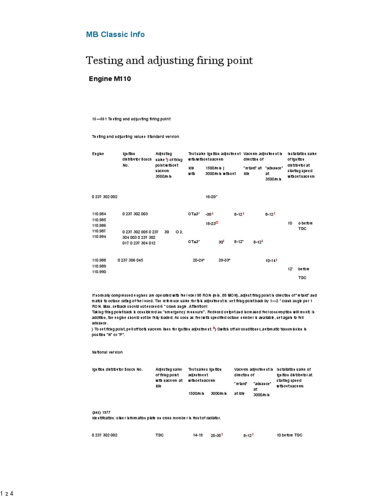 Mercedes M110 Engine Testing and Adjusting Firing Point | PDF ...