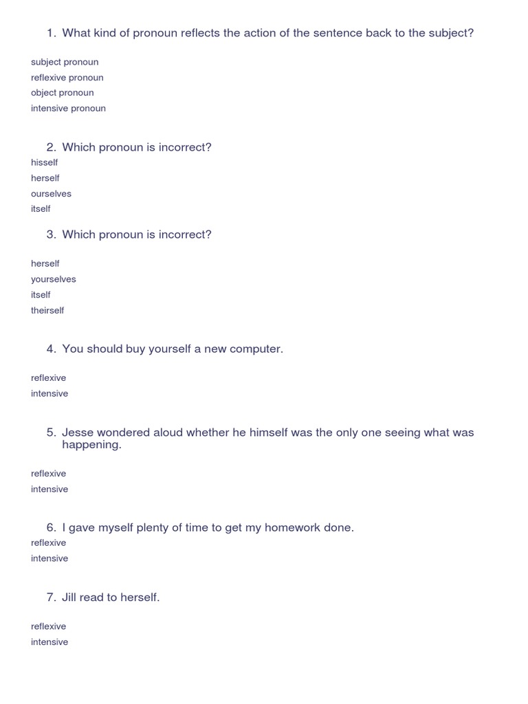 Reflexive & Intensive Pronouns Quiz | PDF
