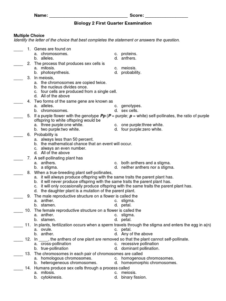 Biology Exam Quarter 1 Students PDF | PDF | Gene | Dominance (Genetics)