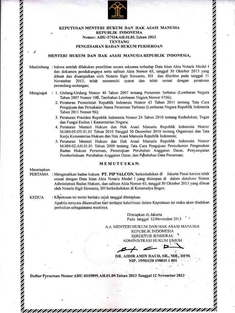 Surat Keputusan Kemenkumham (Akta Pendirian) | PDF