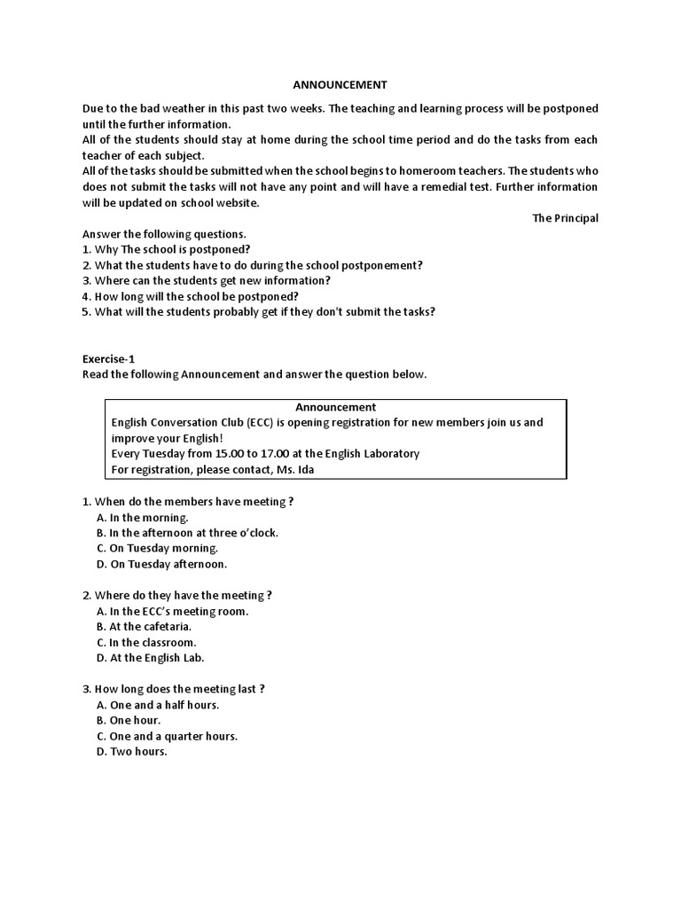 ANNOUNCEMENT Exercise | PDF | Behavior Modification | Communication