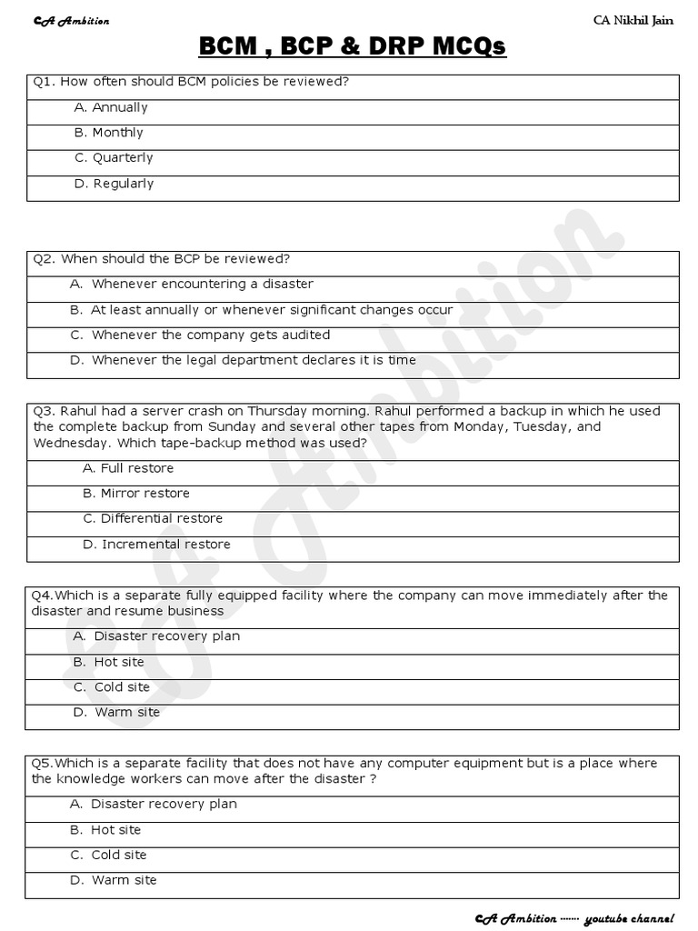 BCP - DRP MCQ | Download Free PDF | Disaster Recovery | Backup