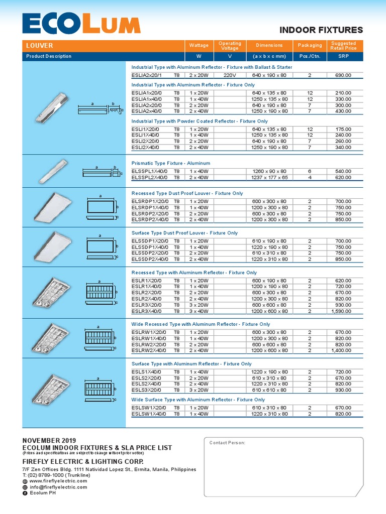Price List EcoLum Indoor SLA Price List NOVEMBER 2019 Issue | PDF ...