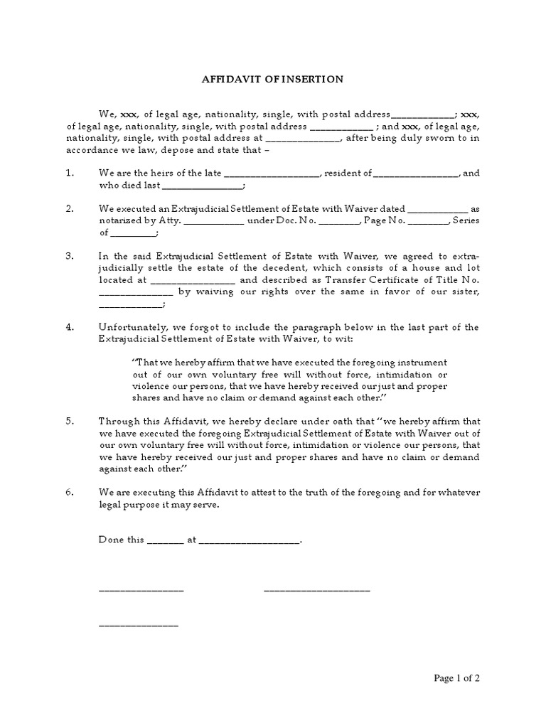 Affidavit of Insertion for Estate Settlement | PDF | Affidavit | Notary ...