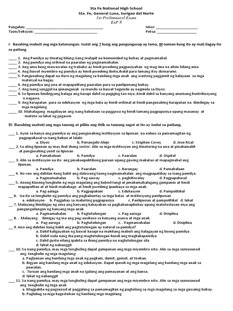 ESP 8 1st Grading | PDF