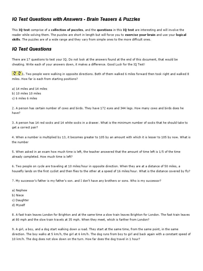 IQ Test Questions With Answers | PDF | Test (Assessment) | Teaching ...