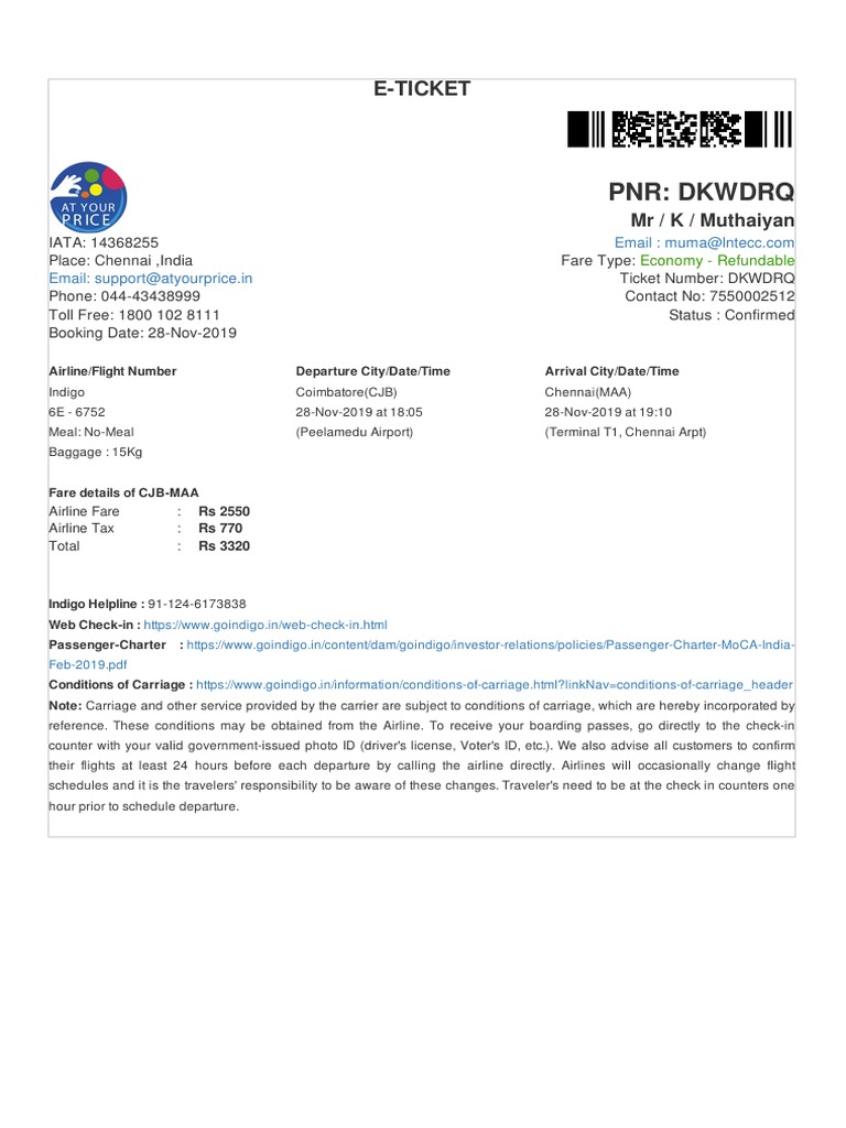 E-Ticket AYPRC1877337 | PDF | Airlines | Service Industries