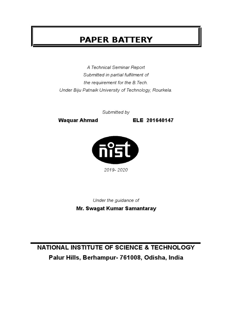 Seminar Report PAPER BATTERY (2016-20) | PDF | Rechargeable Battery | Anode