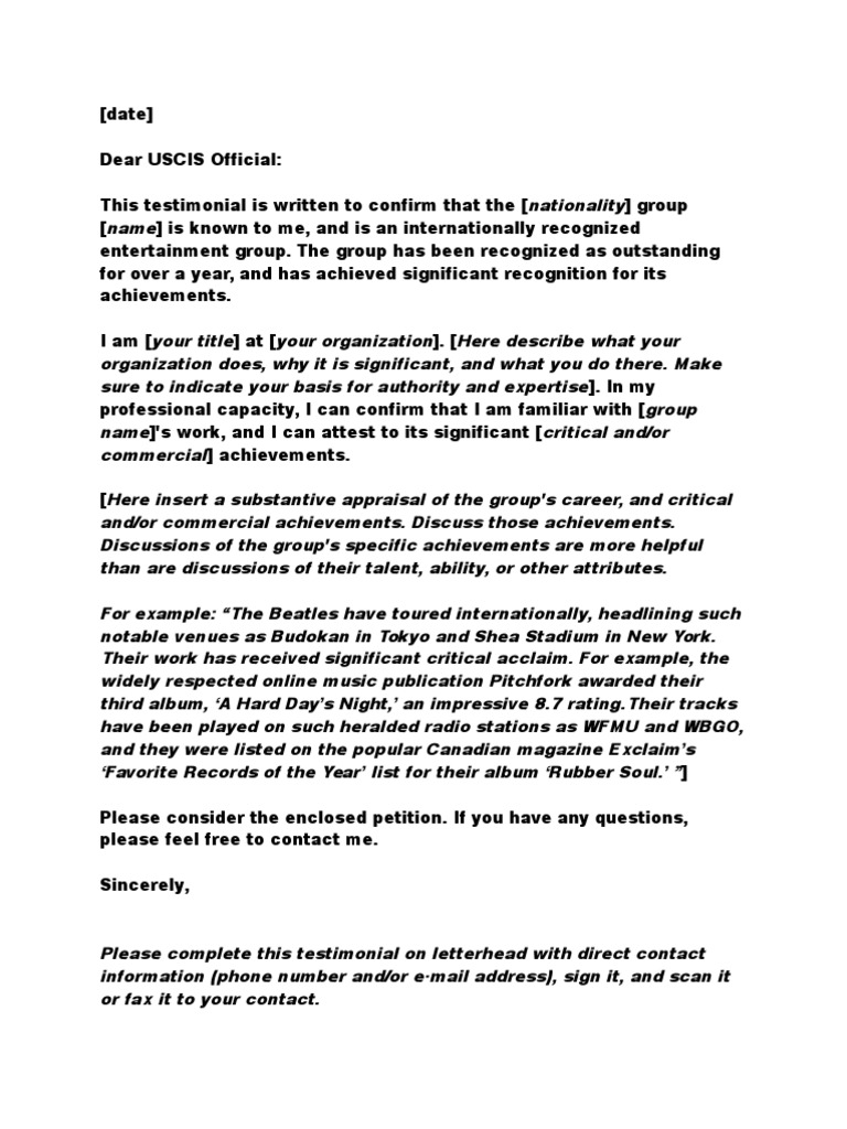 Visa Testimonial Letter Template | PDF