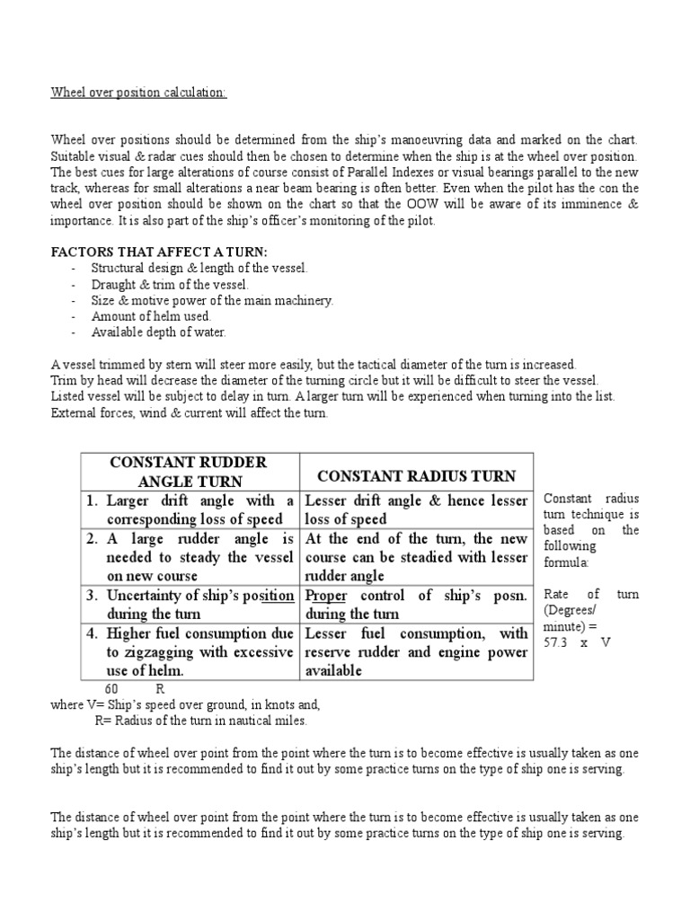 Wheel Over Position Calculation | PDF | Rudder | Ships