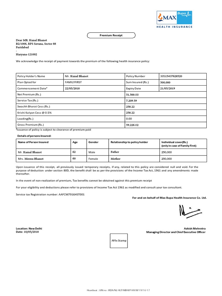 Max Bupa Premium Reeipt - Parents PDF | PDF | Insurance | Government ...