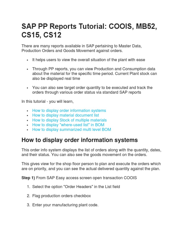 SAP PP Reports Tutorial COOIS MB52 CS15 CS12 | PDF | Computer Keyboard ...