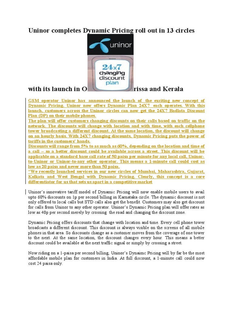 Uninor Launches Dynamic Pricing Plans | PDF | Pricing | Mobile Phones
