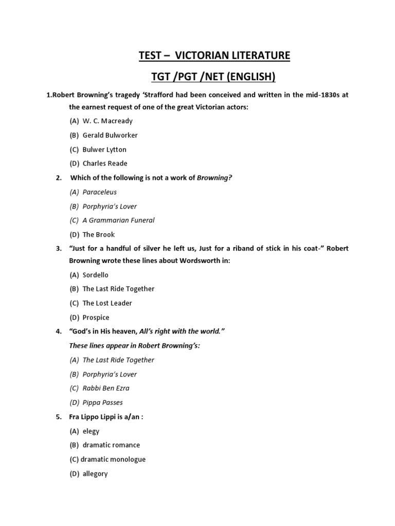 Victorian Literature MCQ Test | PDF | Robert Browning | Middlemarch