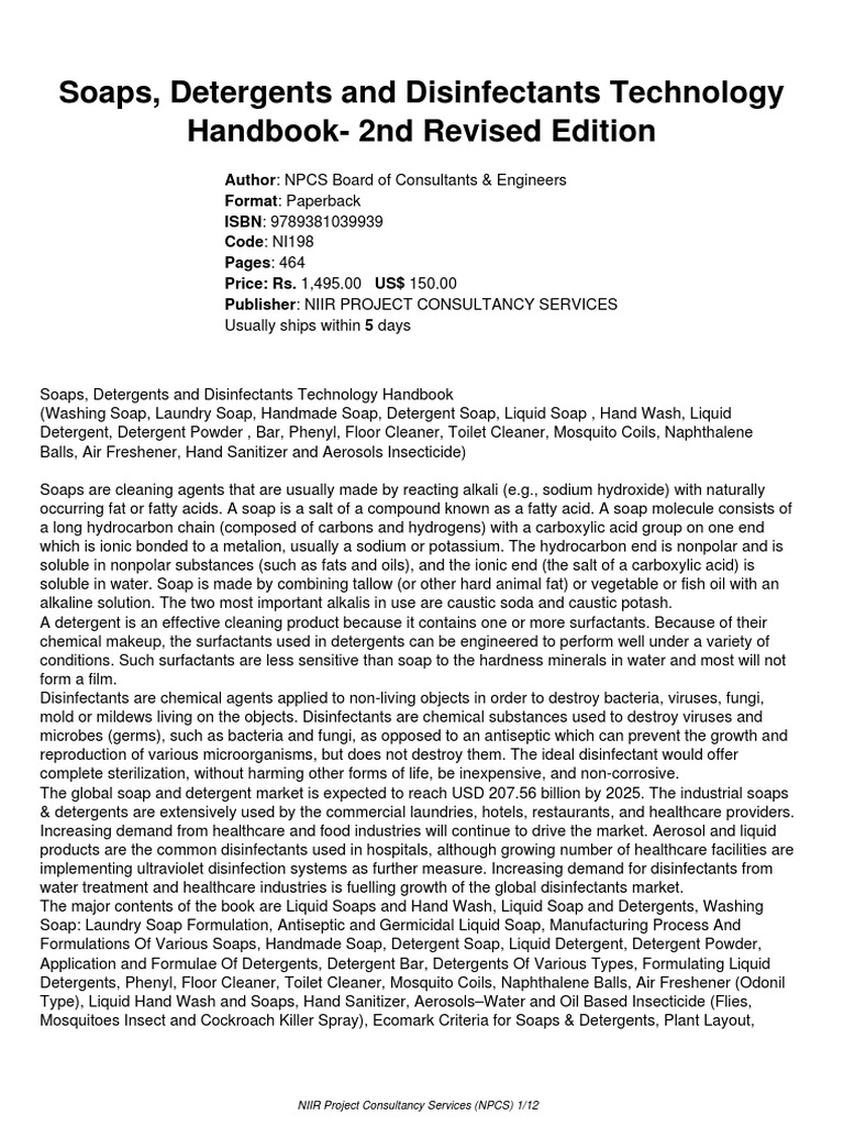 Niir Soaps Detergents Disinfectants Technology Handbook | PDF | Soap | Disinfectant