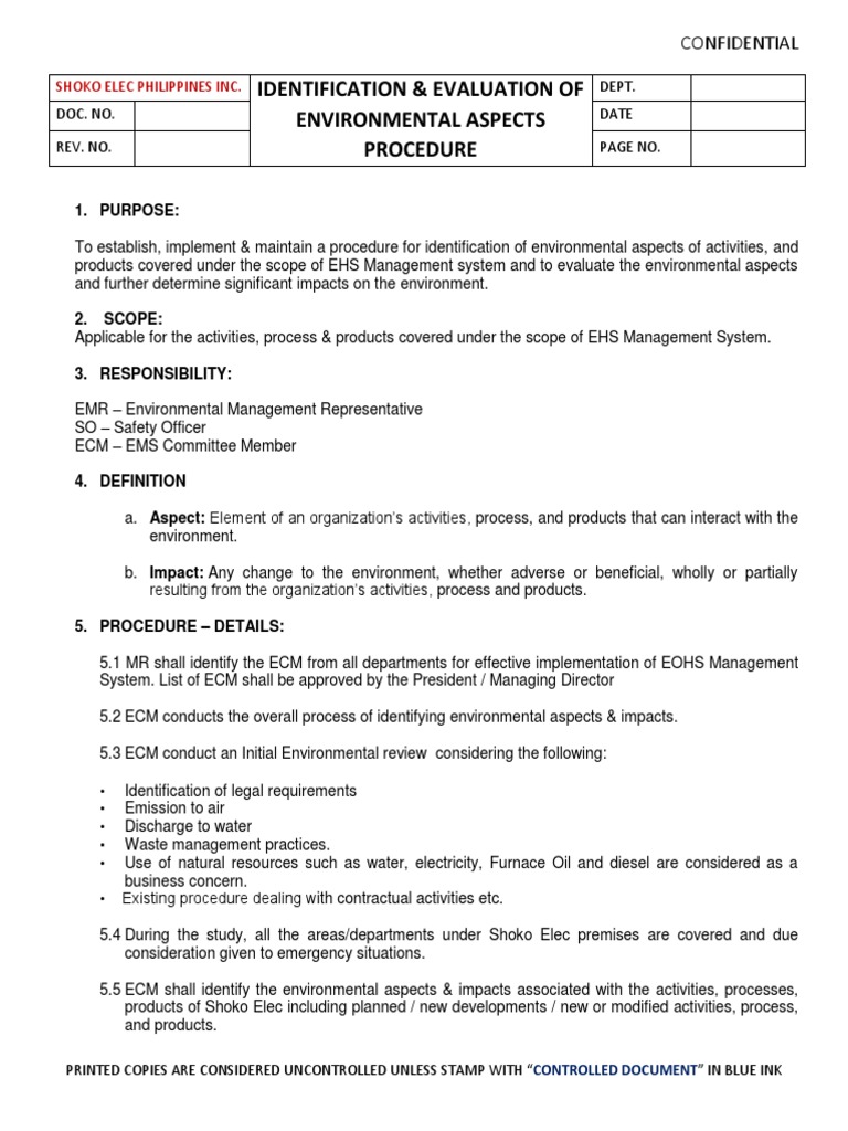 Identification and Evaluation of Environmental Aspects Procedure | PDF ...