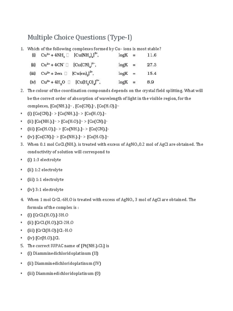 MCQs on Coordination Compounds | PDF | Coordination Complex | Ligand