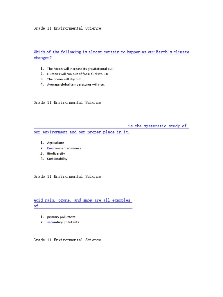 Grade 11 Environmental Quiz | PDF | Environmental Science | Ecology