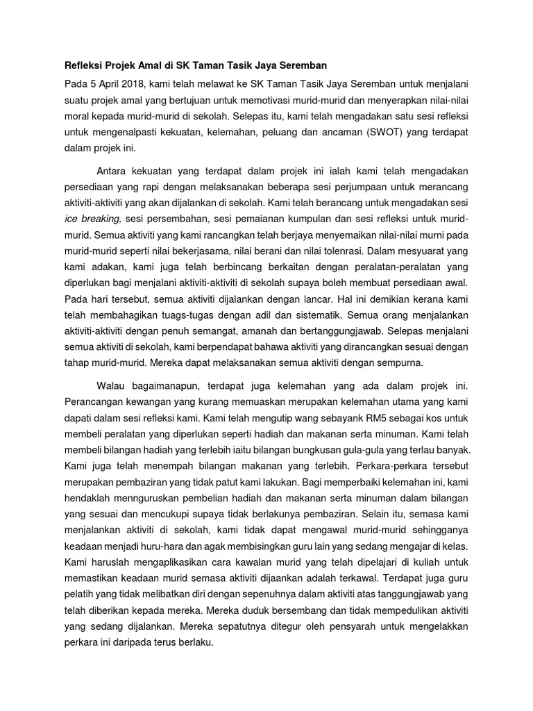 Refleksi Projek Amal Di SK Taman Tasik Jaya Seremban | PDF