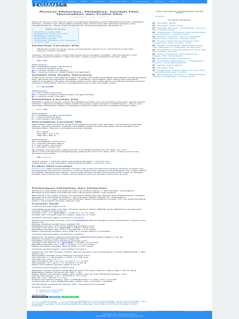 Rumus Molaritas, Molalitas, Jumlah Mol, Normalitas Dan Fraksi Mol | PDF