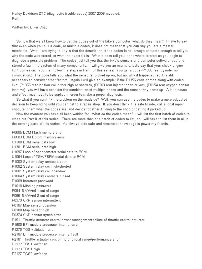 Harley-Davidson DTC (Diagnostic Trouble Codes) 2007-2009 Revealed Part ...