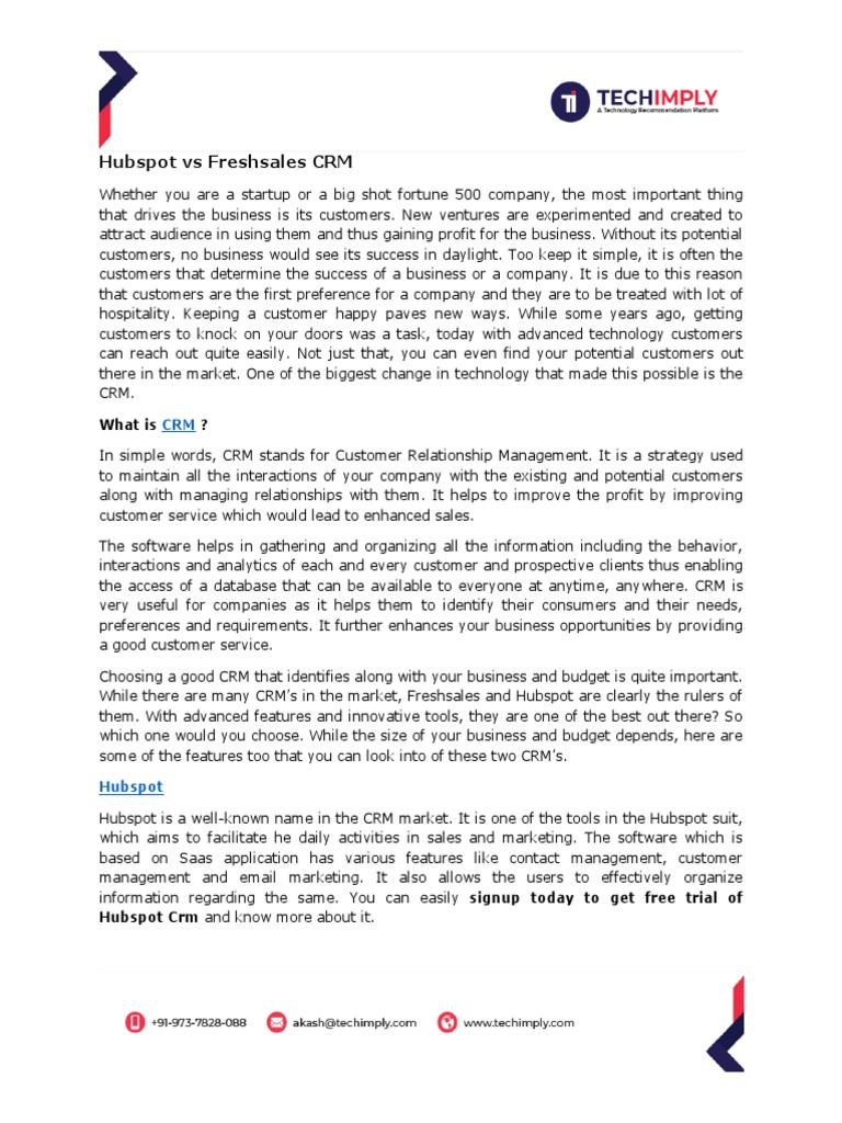 Hubspot Vs Freshsales | PDF | Customer Relationship Management | Business