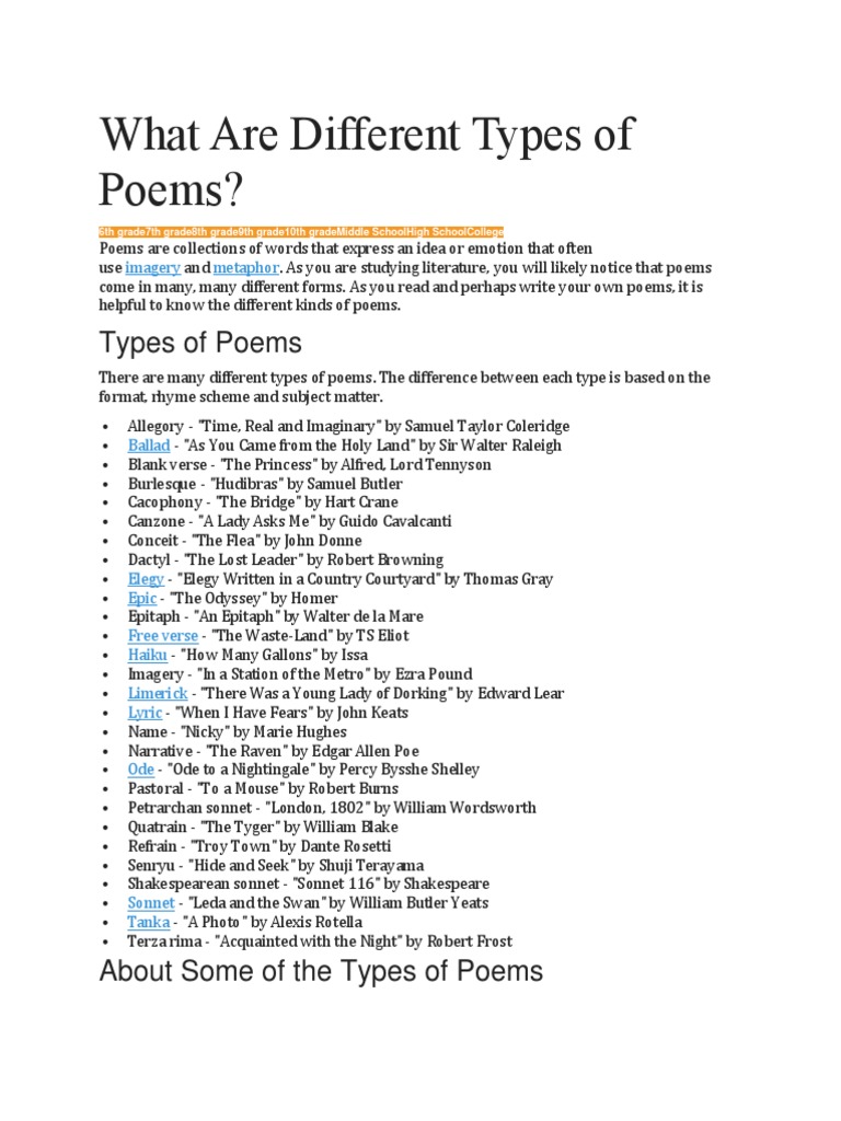 Different Types Of Poems Types Of Poems (Forms Of Poetry) By TxTeach22