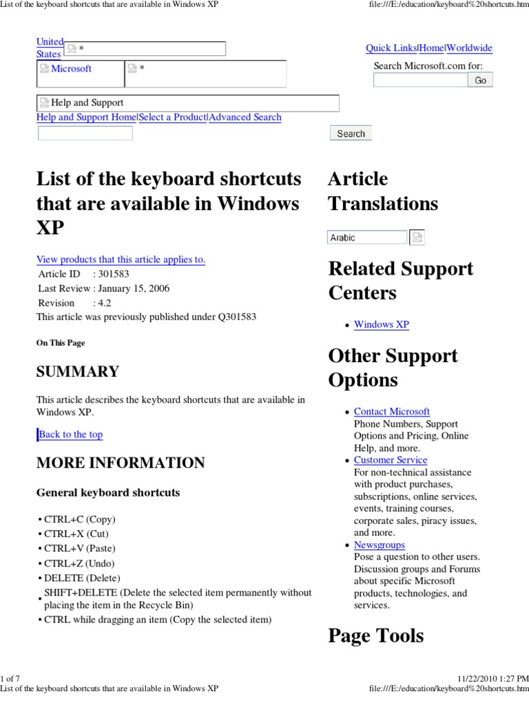 List of The Keyboard Shortcuts That Are Available in Windows XP Article ...