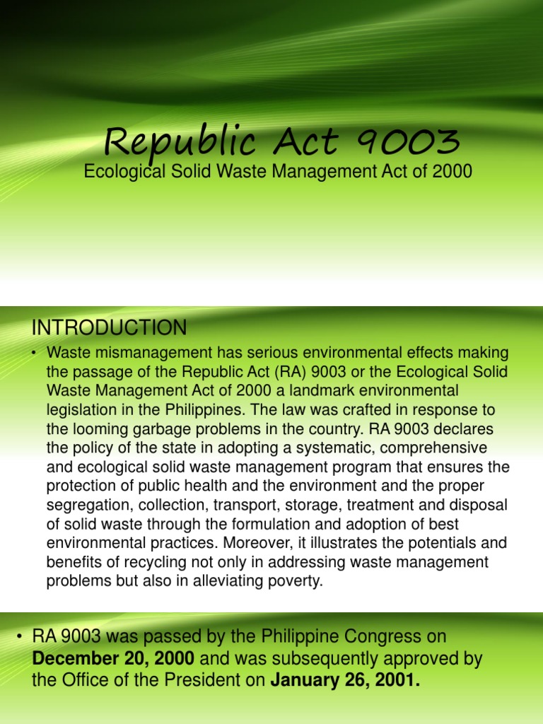 Republic Act 9003 | PDF | Waste Management | Municipal Solid Waste