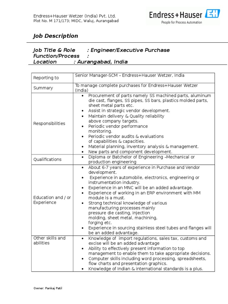 Purchase Engineer Job Description | PDF | Reliability Engineering ...