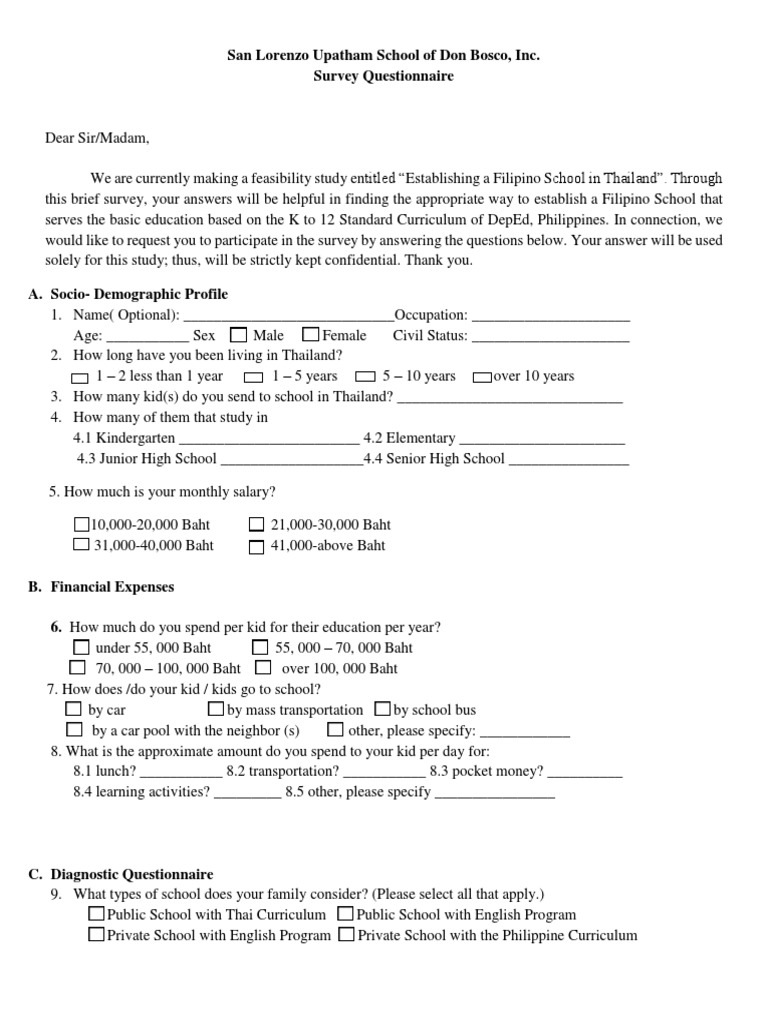 Survey Form For Feasibility Study | PDF | Schools | Private School