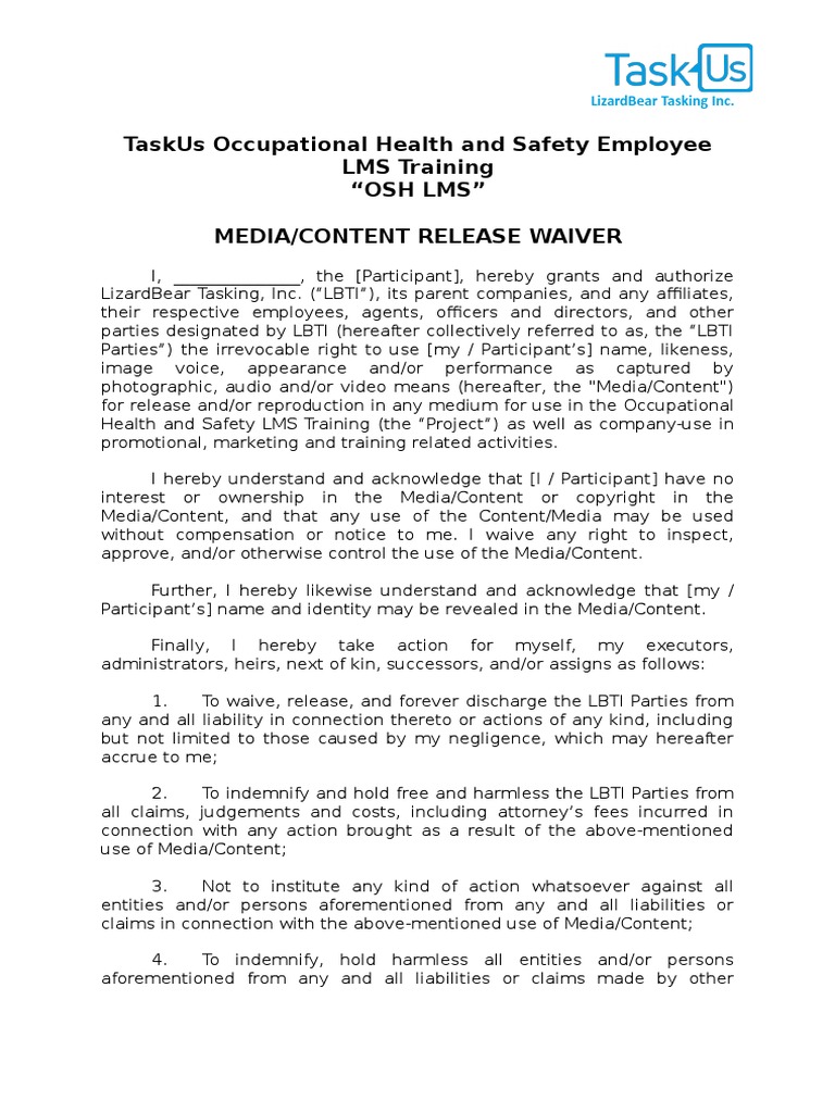TaskUs OSH LMS Training Consent Form | PDF | Indemnity | Privacy